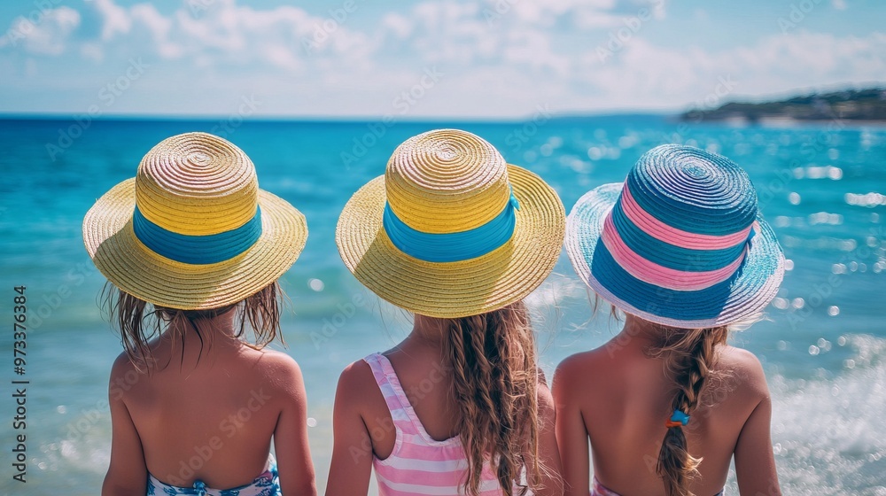 Three young girls on the beach wearing straw hats in the colors of the ...
