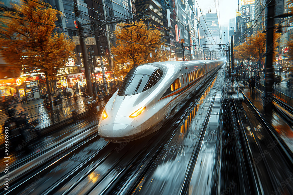 A high-speed, modern train zooming through a city contrasted with a ...