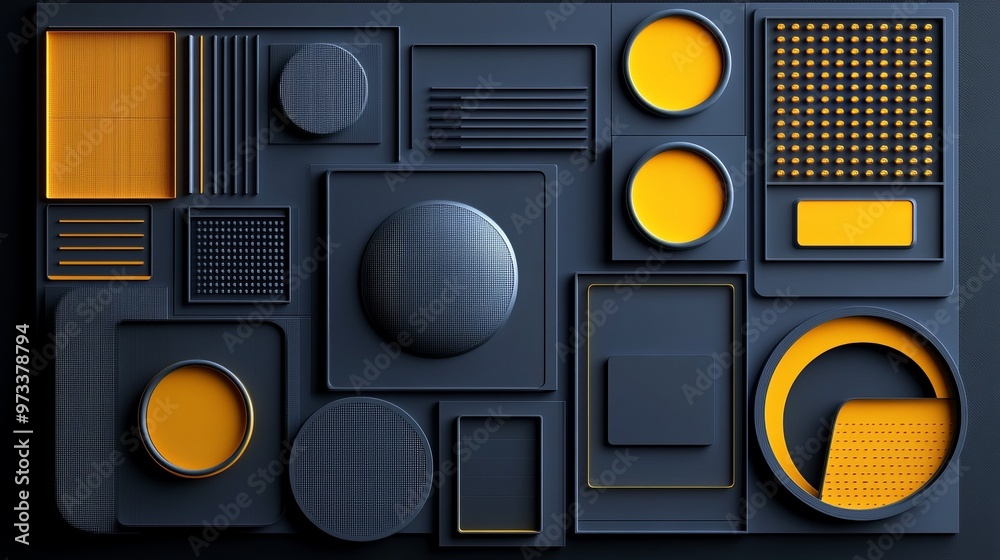 Bento grid layout with modern graphic design elements in gray color on ...
