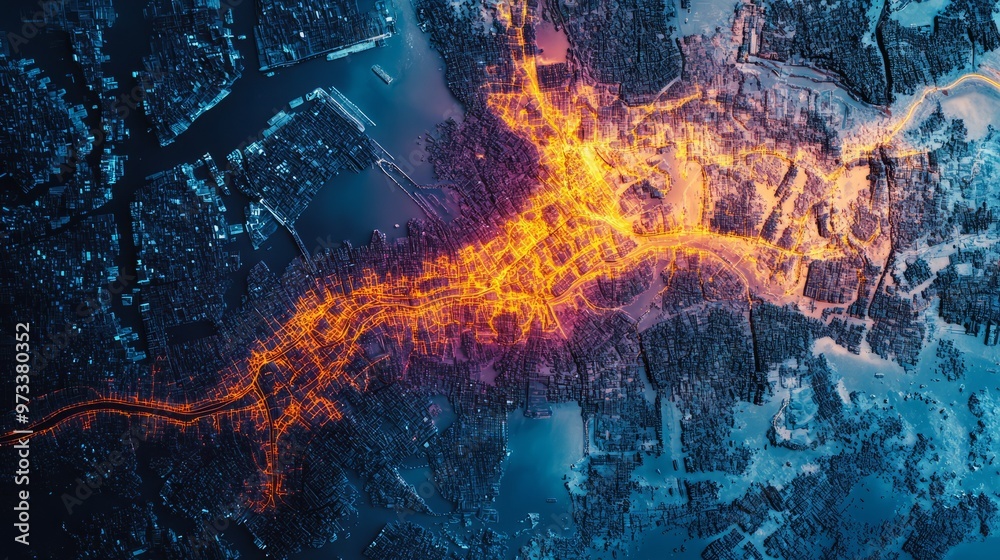 Heatmap of a city's water distribution system, with warm colors ...