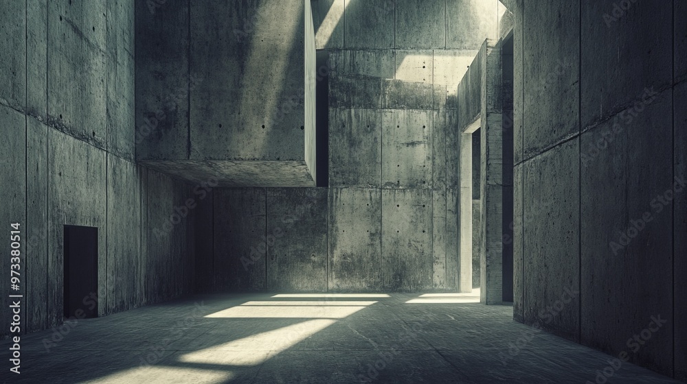 Monolithic brutalist building with deep-set windows and raw concrete ...