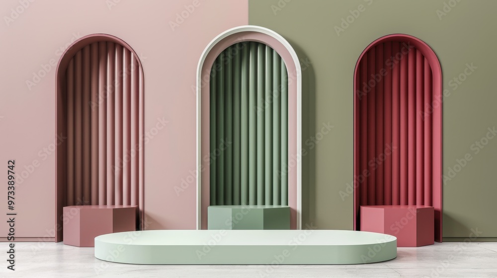 A modern interior design featuring three arched niches with vertical ...