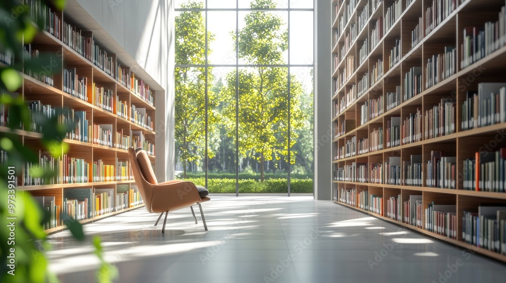 Sleek Modern Library with Stylish Study Area and Bright Colours. 3D ...