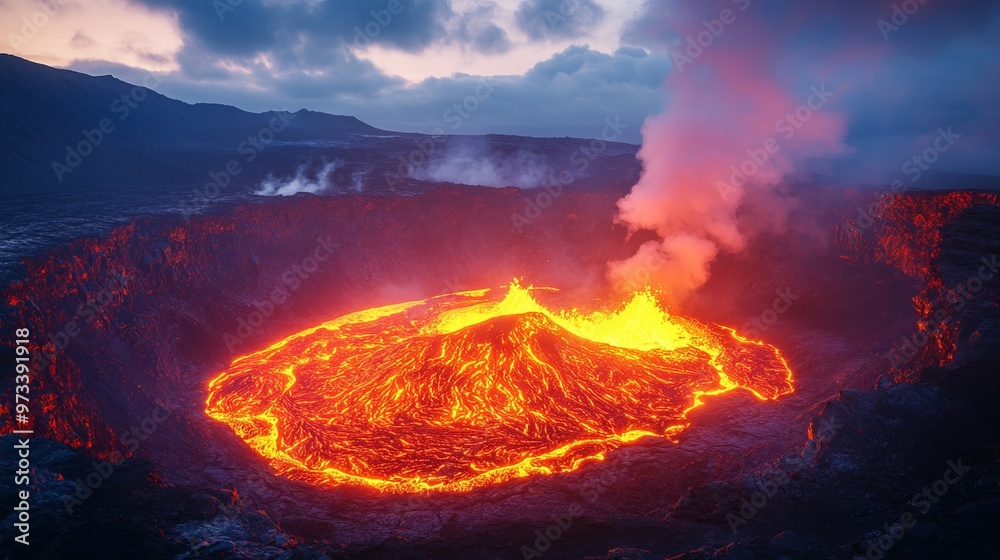 Heatmap of an active volcano, with bright reds and yellows highlighting ...