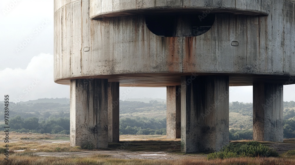 Brutalist water tower with thick, cylindrical concrete supports and a ...