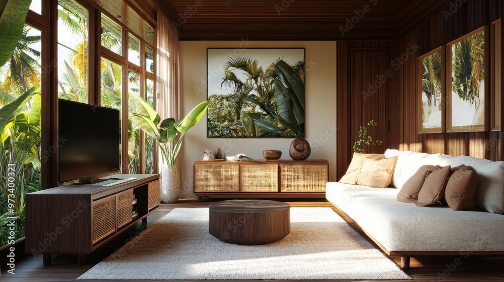 Interior of a wooden living room with a corner sofa, an art-decorated ...