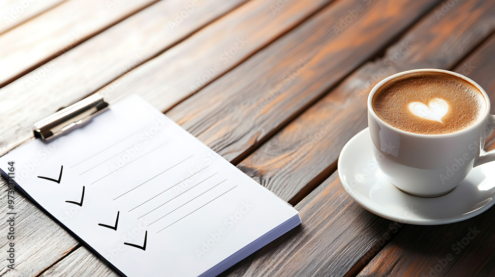 Checklist with check marks placed on a table and coffee cup. Stock ...