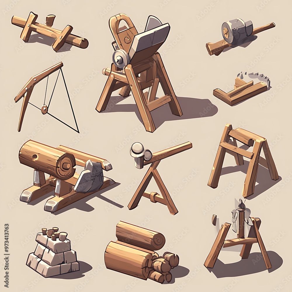 Medieval Construction and Siege Weapons Illustration Set, Trebuchet ...