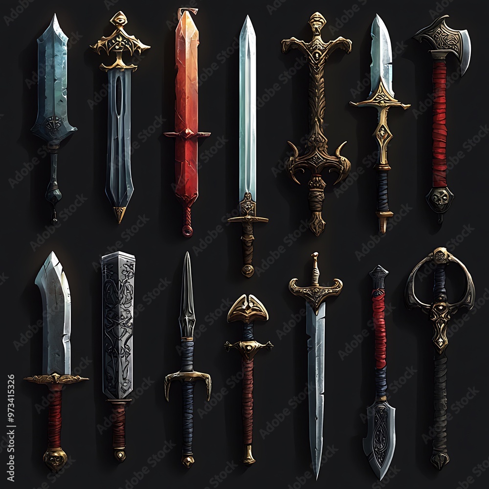Collection of fantasy swords, daggers, and axes in various styles ...