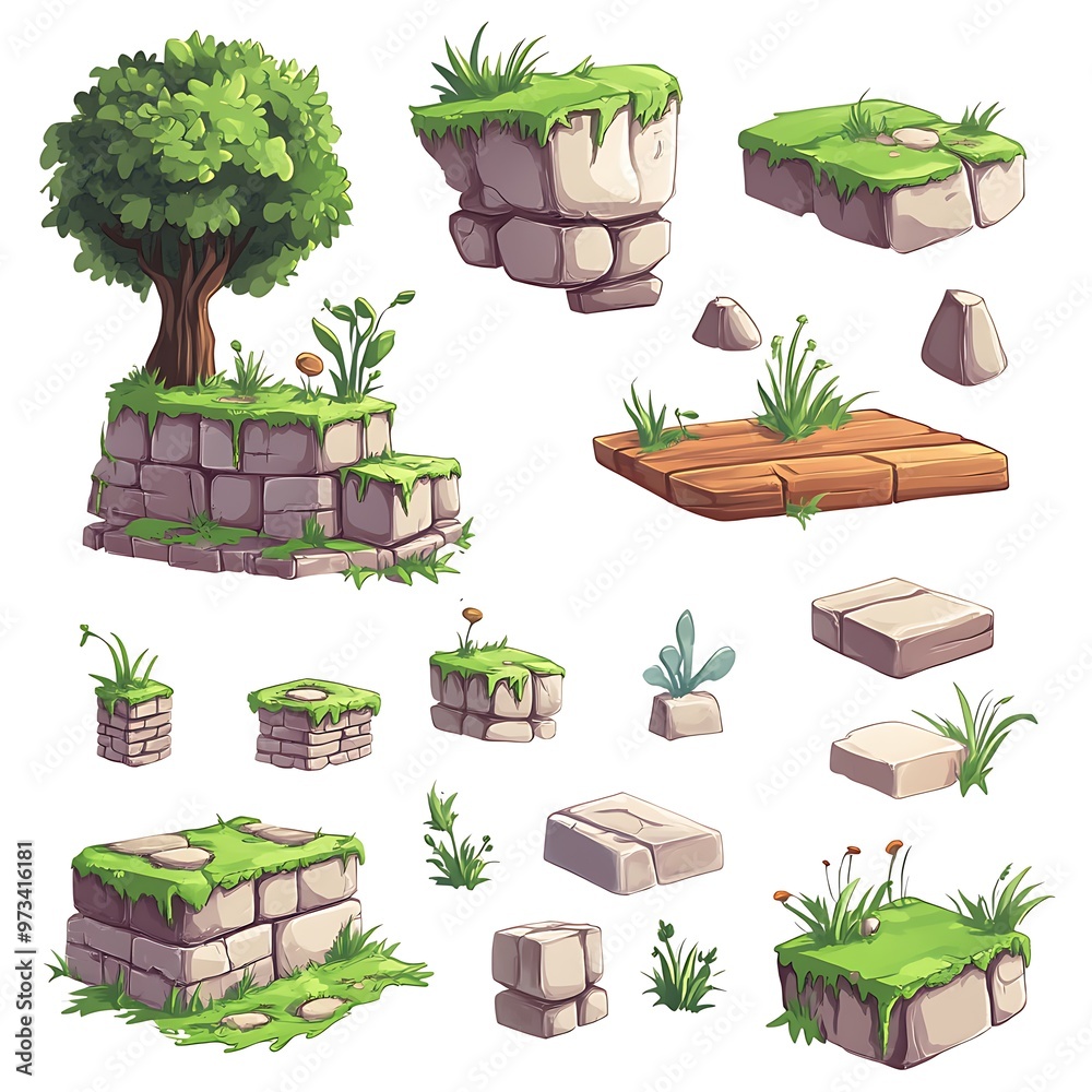 Game Asset Pack, Stone Platforms, Grass, and Tree for 2D Side Scrolling ...