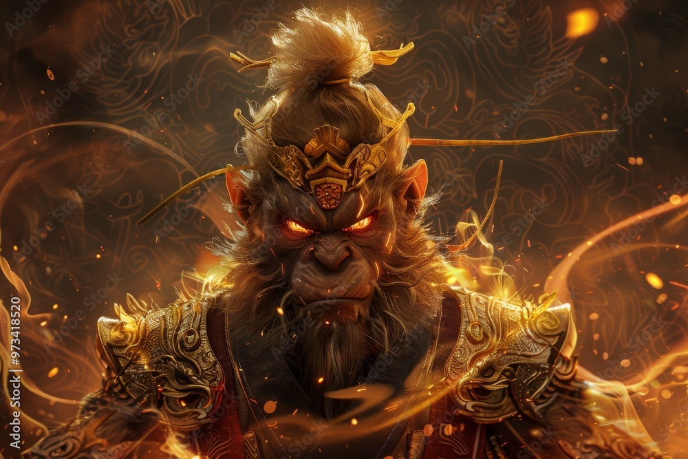 Sun Wukong, the Monkey King with glowing fiery eye Stock Illustration ...