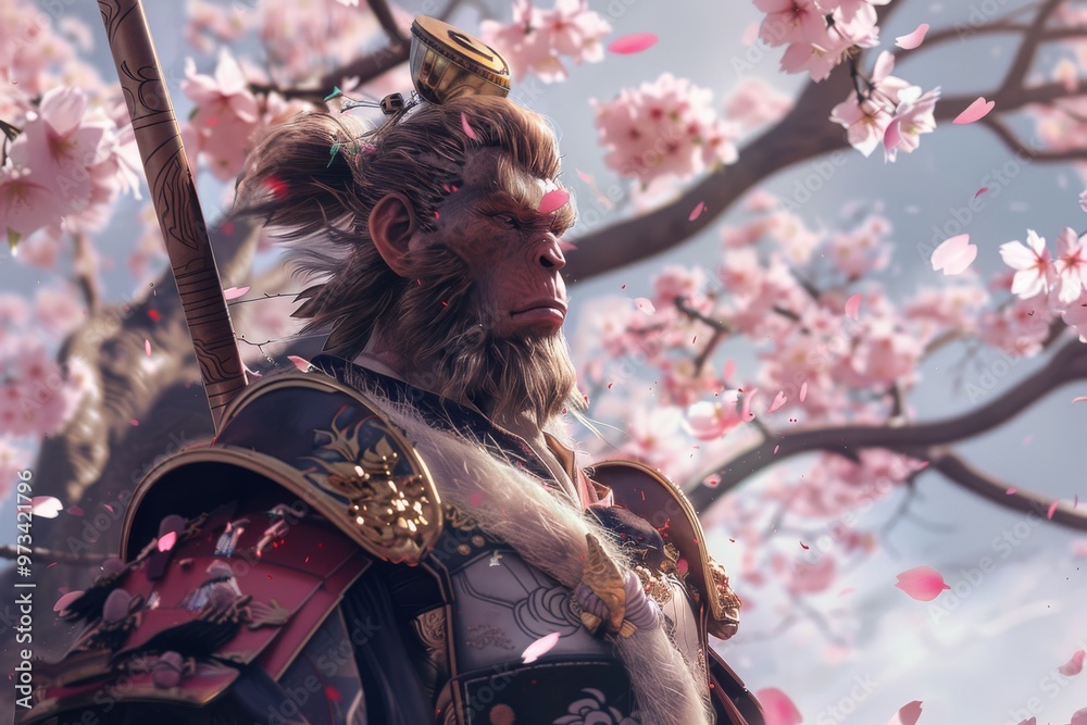 Sun Wukong, the Monkey King, standing under a cherry blossom tree Stock ...