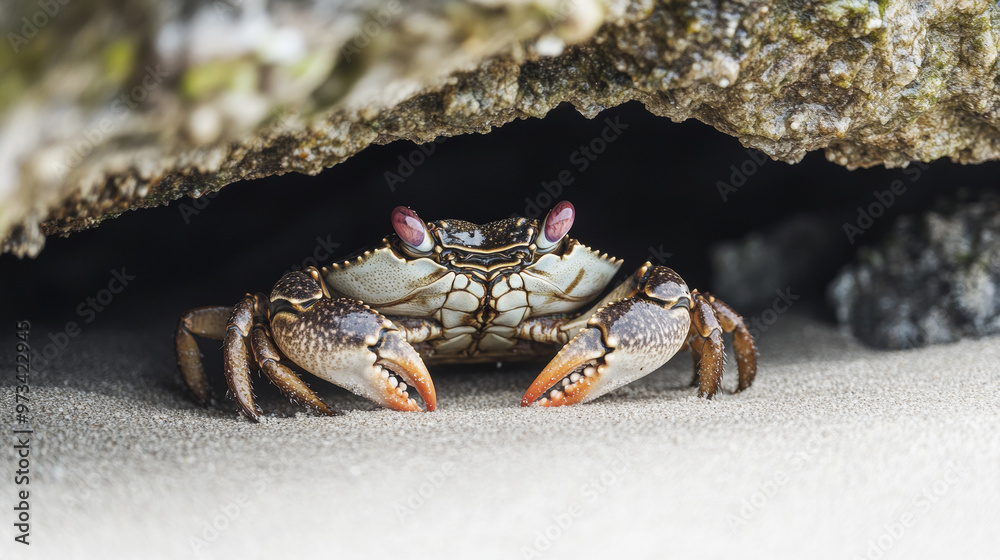 Crab hiding under a rock on a sandy beach, with its claws and stalked ...