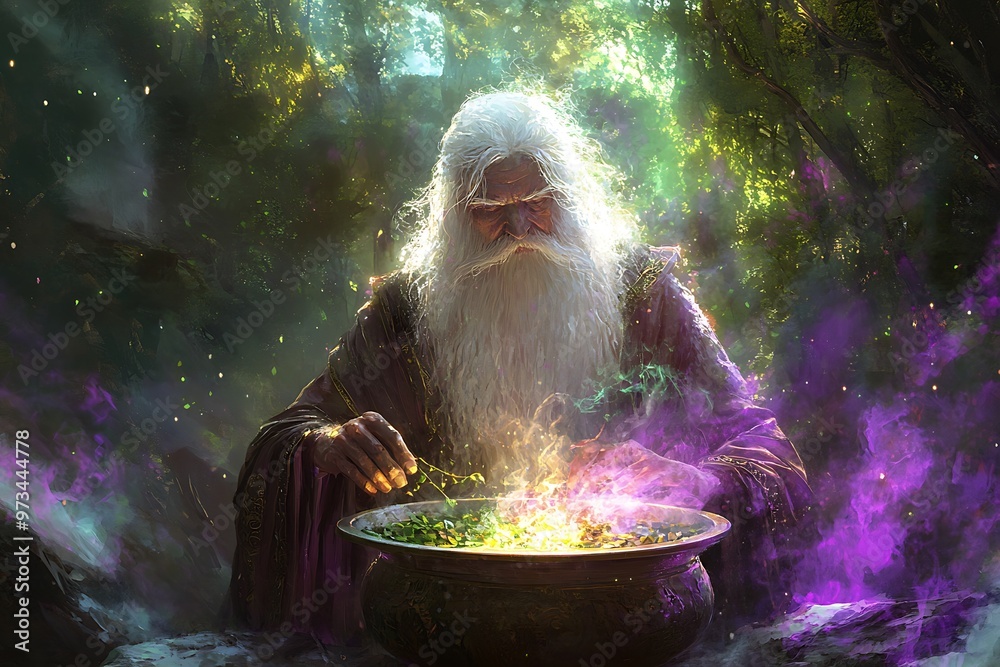 Fantasy wizard conjuring magic potion with glowing cauldron and herbs ...