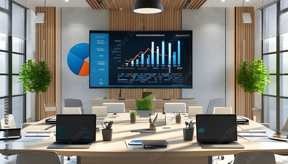 Contemporary Meeting Room Featuring Conference Table, Laptops ...