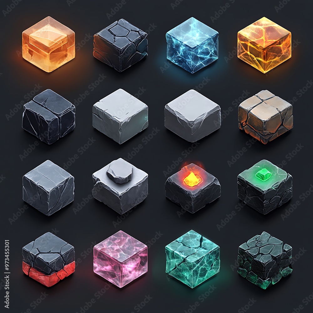 Set of isometric 3D cubes with different stone, rock, and crystal ...