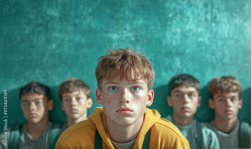 Five boys in a row with expressive faces in a teal room Stock Photo ...