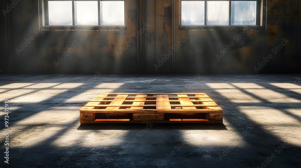 Solitary wooden pallet resting on an expansive concrete floor, sunlight ...