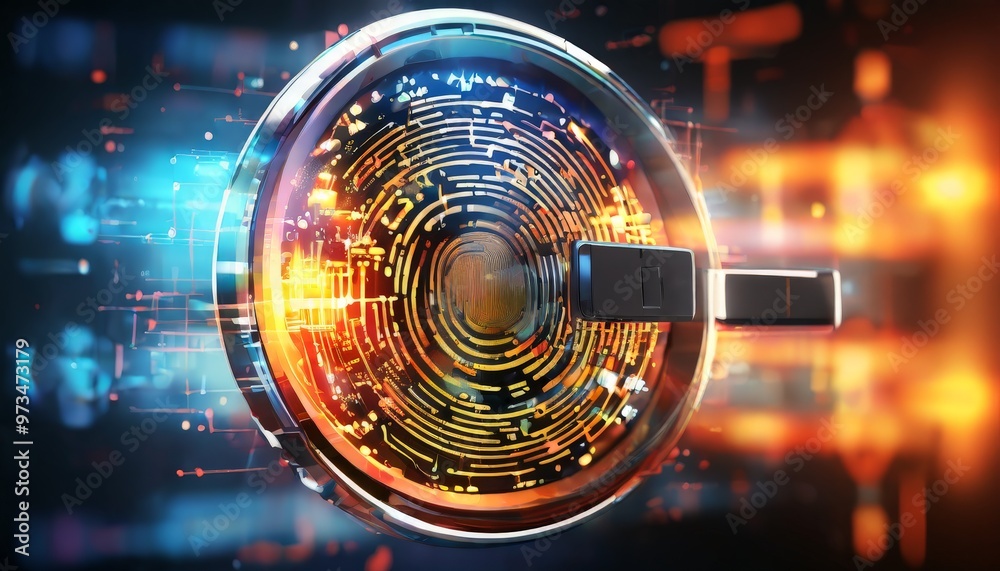 A High Tech Biometric Lock Featuring A Digital Interface With A Glowing Fingerprint Scanner The