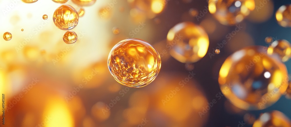 Serum and vitamin droplets applied to skin cells Close up of oil and ...