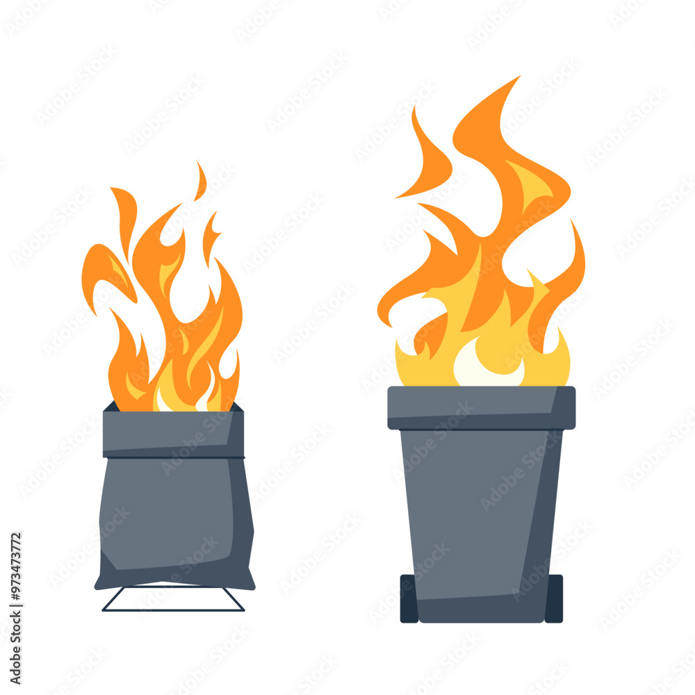 Fire in garbage bins. Burning trash in dumpster and trashcan. Vector ...