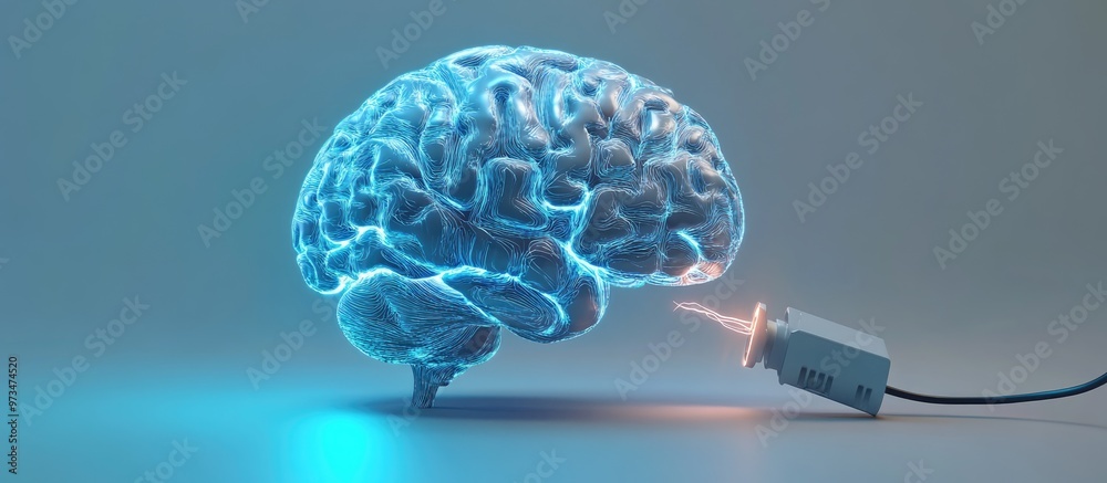 Digital representation of a human brain connected to an electrical plug ...