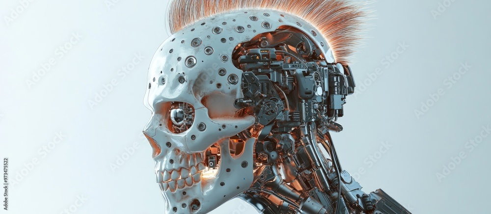 Cyberpunk themed robot hacker 3D illustration featuring a skull faced ...