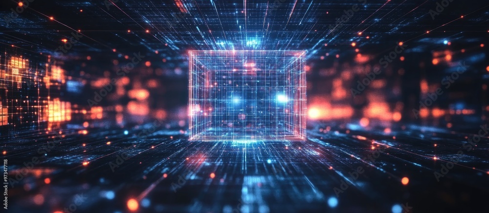 Abstract dark backdrop featuring a luminous square with dynamic light ...