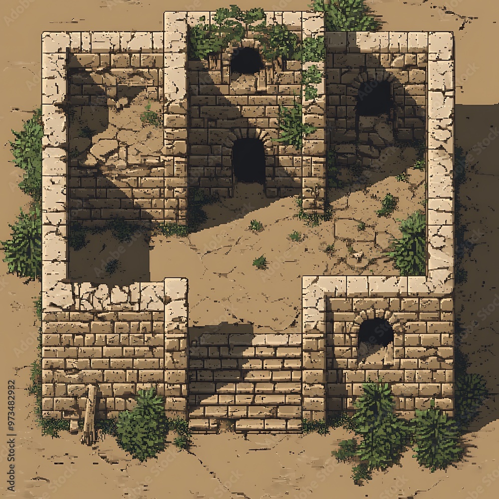 Top down view of a ruined stone building with an arched doorway and a ...