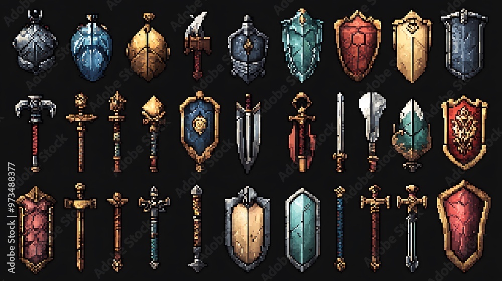 Collection of pixel art weapons and shields for game development Stock ...