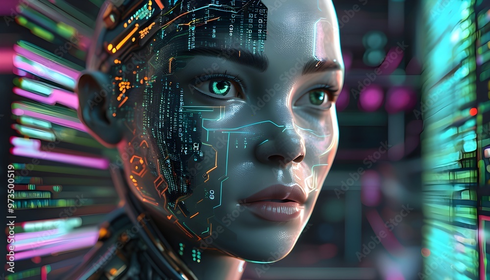 Futuristic digital portrait merging human features with binary code ...