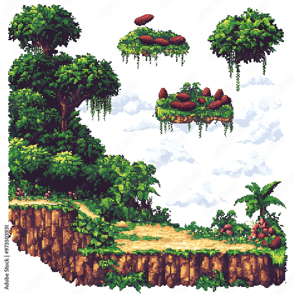 Pixel art jungle game assets, cliff, floating islands, trees & foliage ...