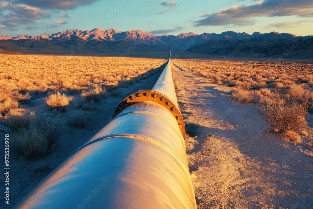 A close-up of an oil pipeline running through a vast desert landscape ...