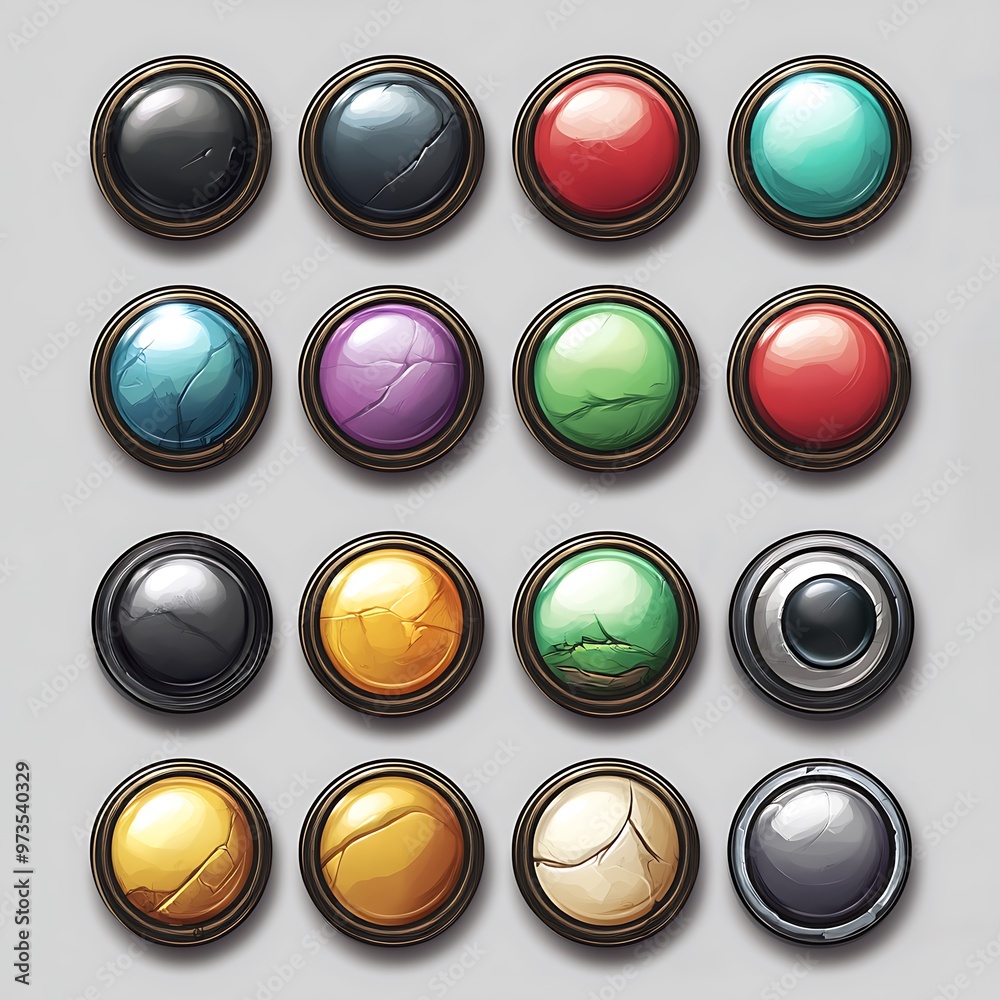 Set of 16 colorful round UI buttons with gold frames. Game assets, GUI ...