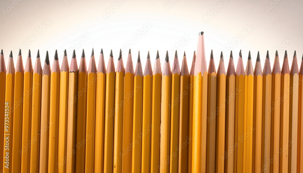 panning across row of used and worn out yellow pencils with broken ...