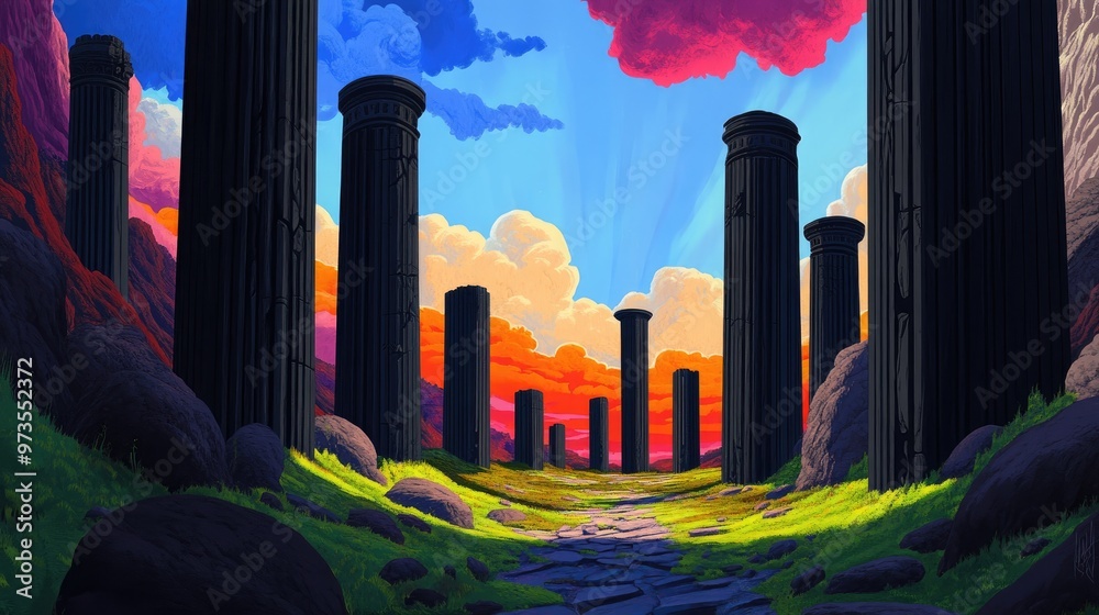 Vertical black columns in a landscape featuring elements reminiscent of ...