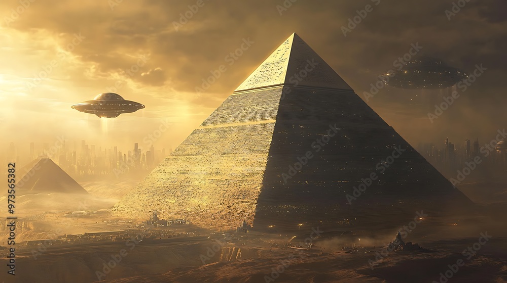 UFO hovering over ancient pyramid in desert landscape, science fiction ...