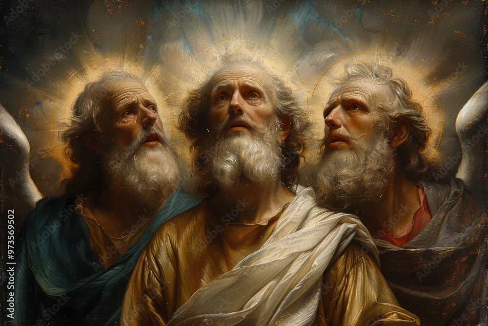 Sacred representation: icon depicting holy trinity, featuring god the father, god the son, and ...