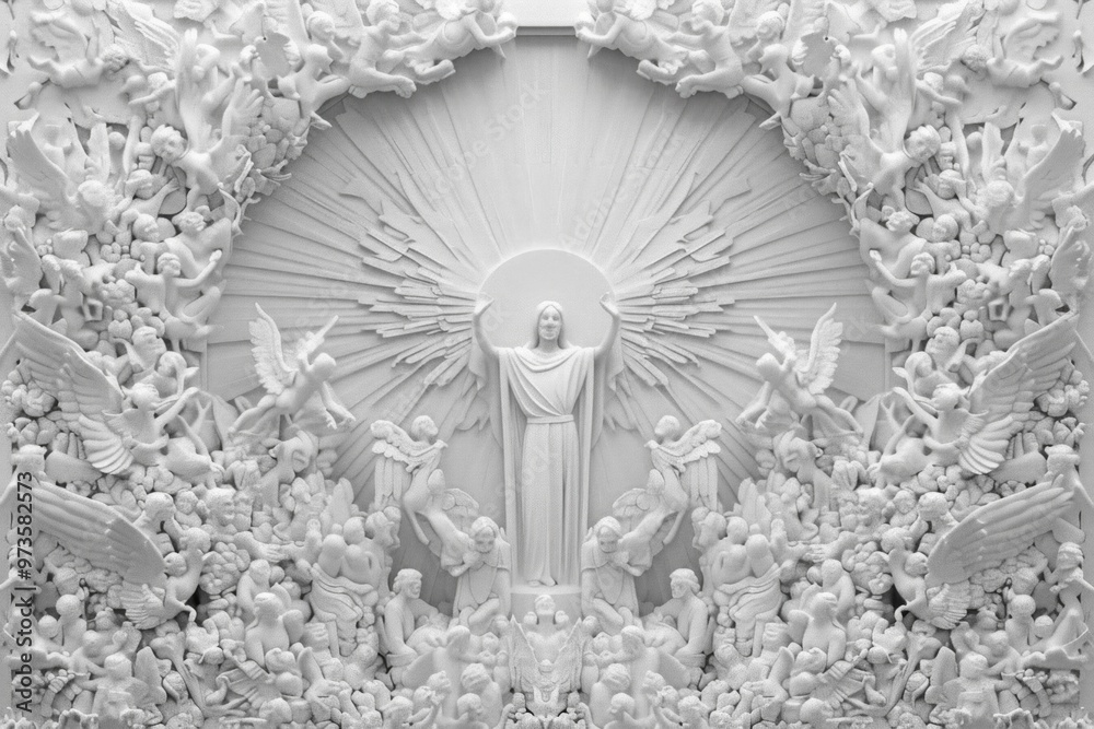 Jesus Christ ascends amidst angels and believers, enveloped in radiant ...