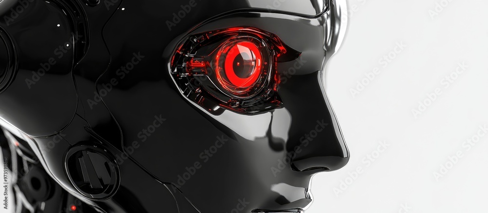 Realistic red robotic eye with a camera on a black robot face ...