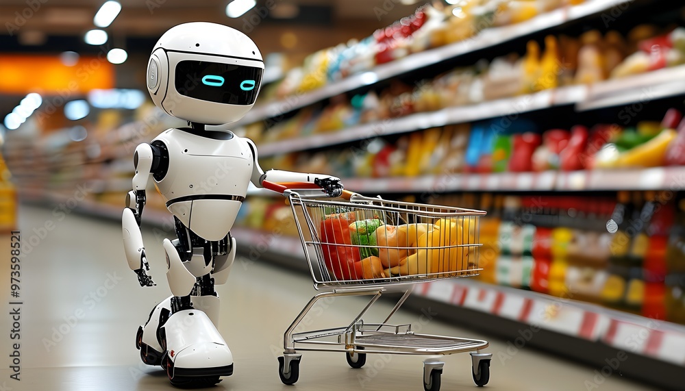 AI robot navigating supermarket aisles with shopping cart, blending ...