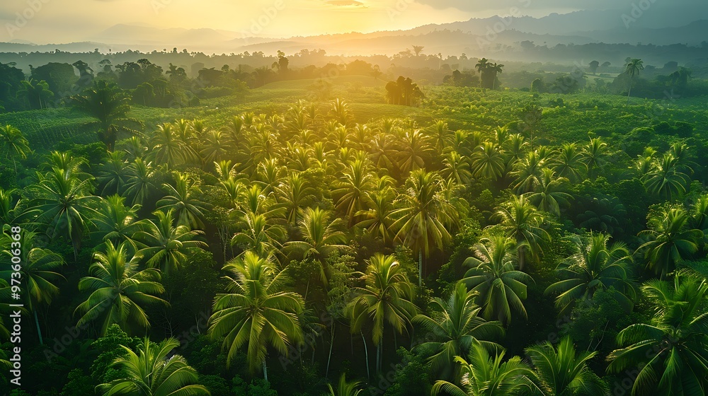 Sustainable palm oil plantation preserving rainforest, showing palm ...