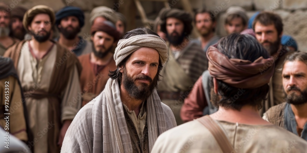 A crowd of disciples and onlookers surrounds Jesus Christ in ancient ...