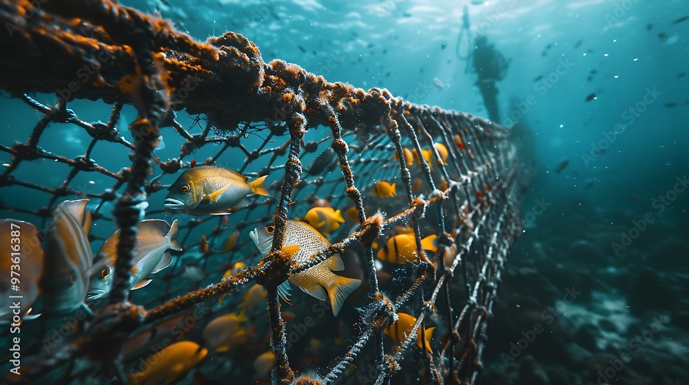 Overfishing depleting ocean stocks, visualizing empty nets and a ...