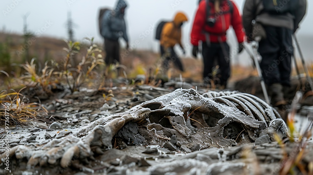 Melting permafrost revealing ancient remains, a scene that highlights ...