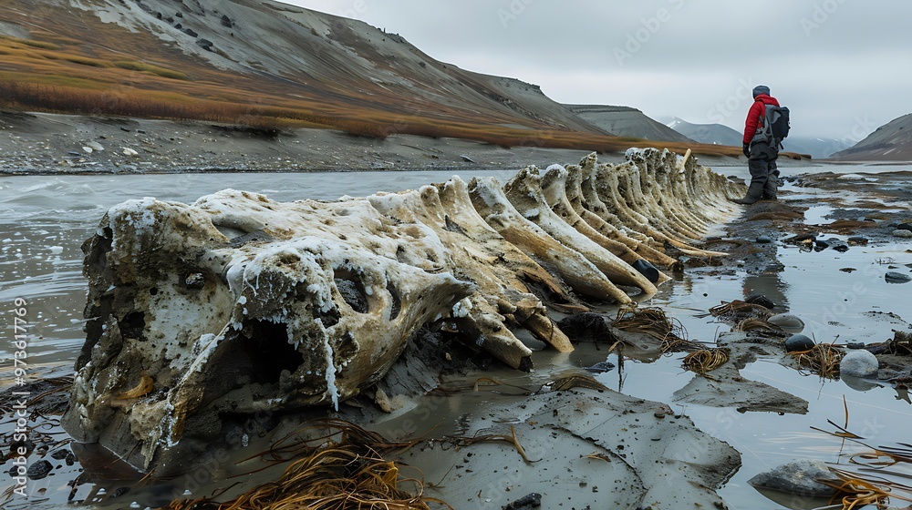 Melting permafrost revealing ancient remains, a scene that highlights ...