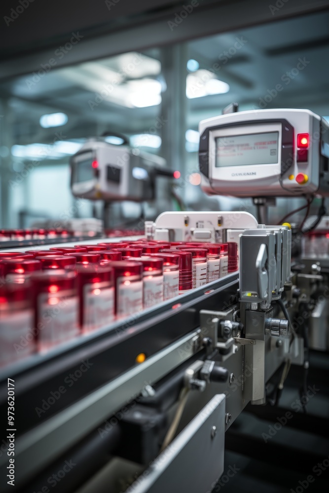 Medicine production assembly line featuring conveyor system with pill ...