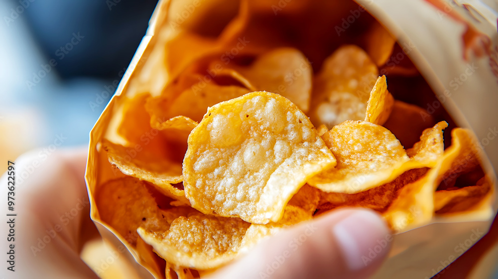 Close-up of a snack-size bag of potato chips being torn open, with ...