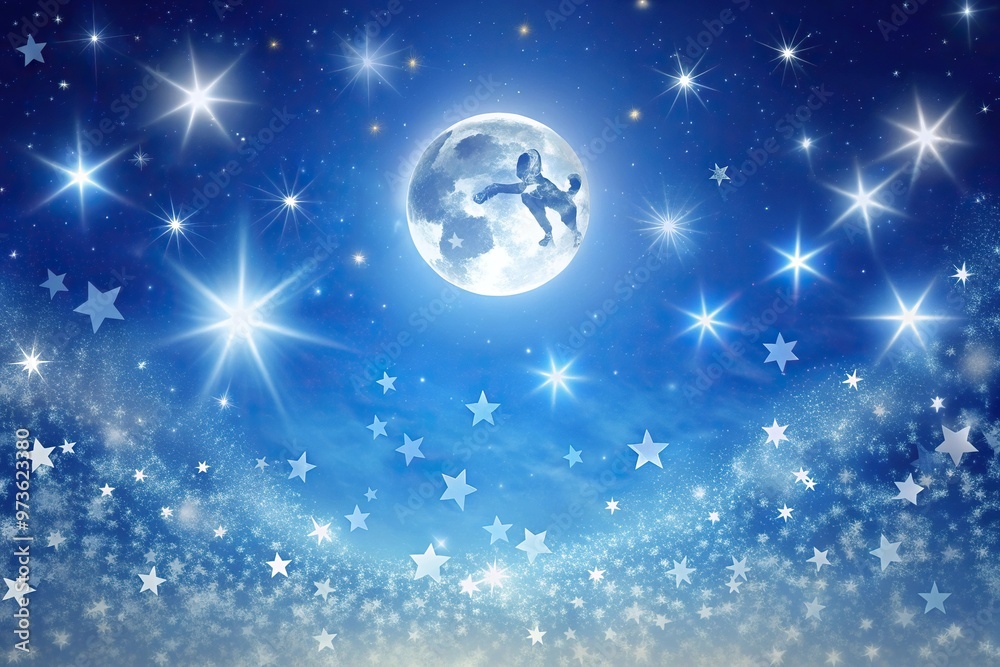 Blue sky white stars and glowing moon background with symmetrical ...