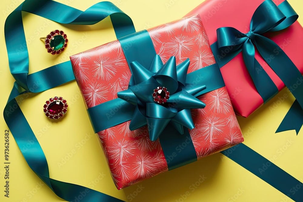 Teal Ribbon and Bow with Ruby Accents on Vibrant Background for Gift ...